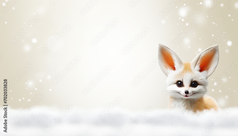 Christmas card with a cute fennec fox in the snow and snowing ...