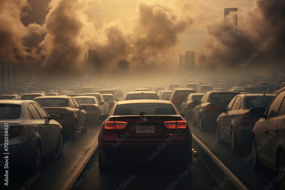 car on the road with smoke and smog in shanghai china, car stuck in ...