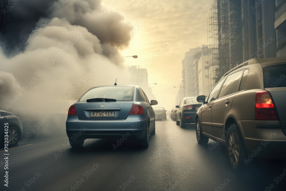 Foto de Traffic jam on a highway in the evening. Smoke on the road, car ...
