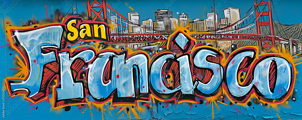San Francisco written in graffiti art with cityscape and famous red ...