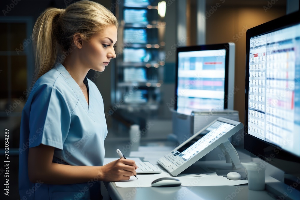 Female doctor using a mobile phone and a computer screen in the office ...