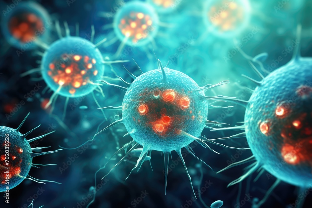 Microscopic view of virus cells, 3D illustration. Microscopic view of ...