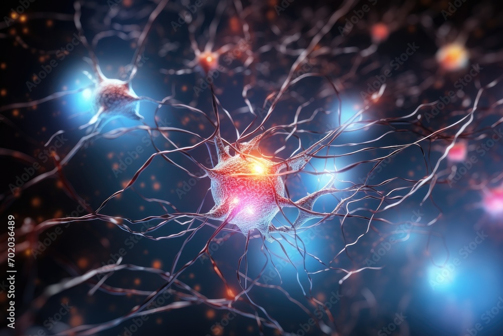 Neuron cell, 3D illustration. Neuron cell with neurons and nervous ...