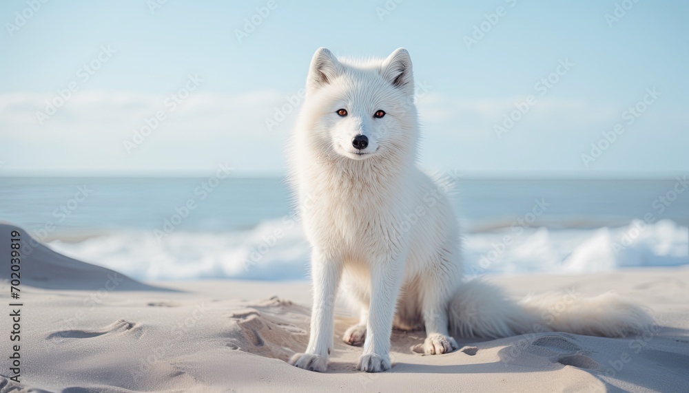 Cute white artic fox sitting resting relaxing on light beige beach sand ...