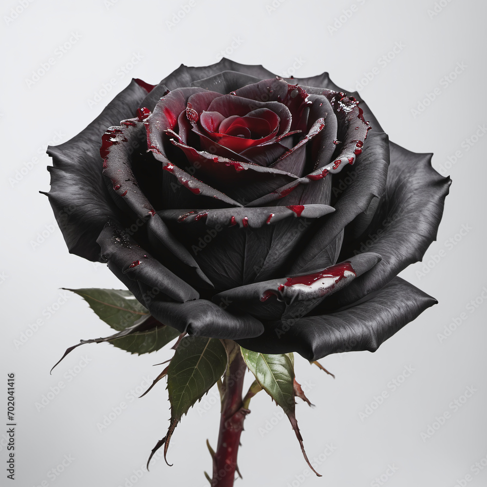 Black rose with blood on a plain background. Creative romantic love and ...