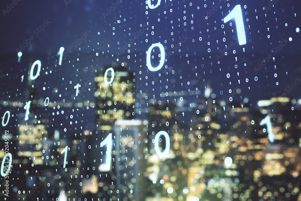 Abstract virtual binary code sketch on blurry office buildings ...