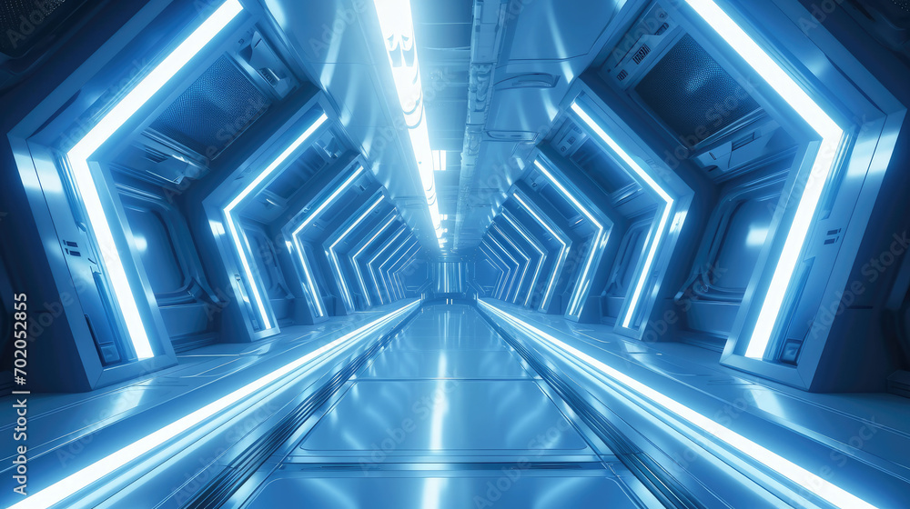 Corridor tunnel of space station ship, spaceship interior center view ...