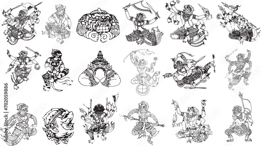 Hanuman vector illustration set Line art vector of Hanuman or Anjaneya ...