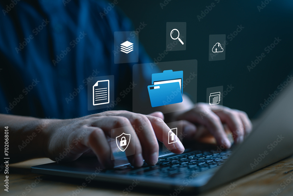 DMS, document management system concept, businessman using laptop connecting to digital file ...