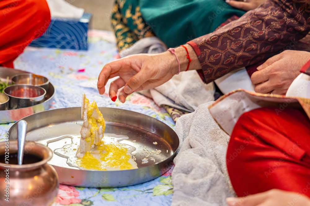 Indian Hindu wedding ceremony Ganesh pooja rituals close ups Stock ...