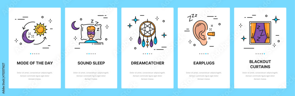 Sleep line icons, mobile app onboarding screen. Sleep comfort vector ...