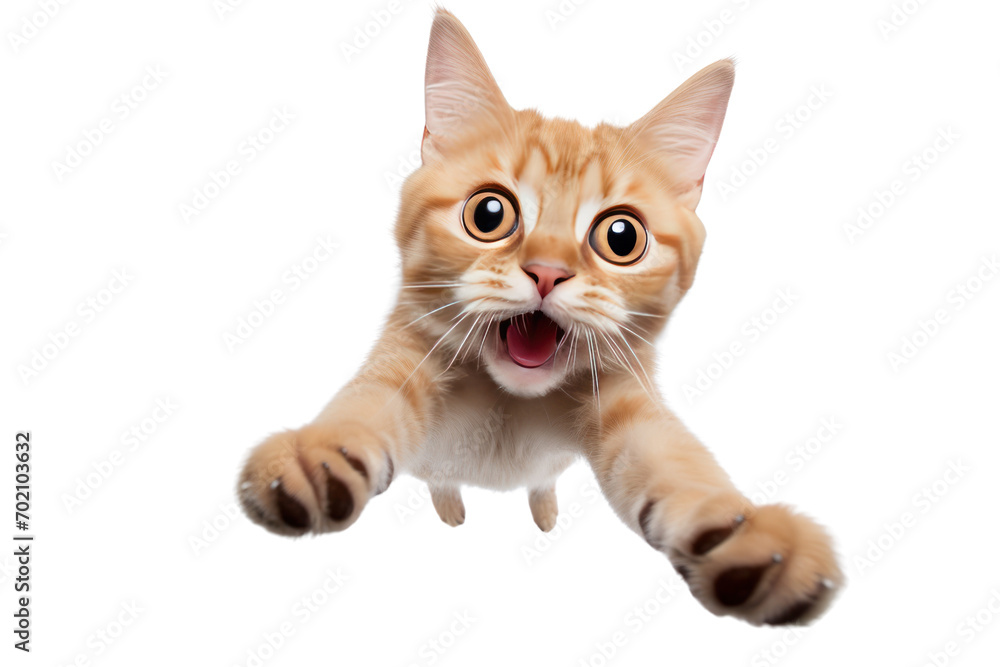 Funny flying cat jumps in the air looking at the camera. isolated on ...