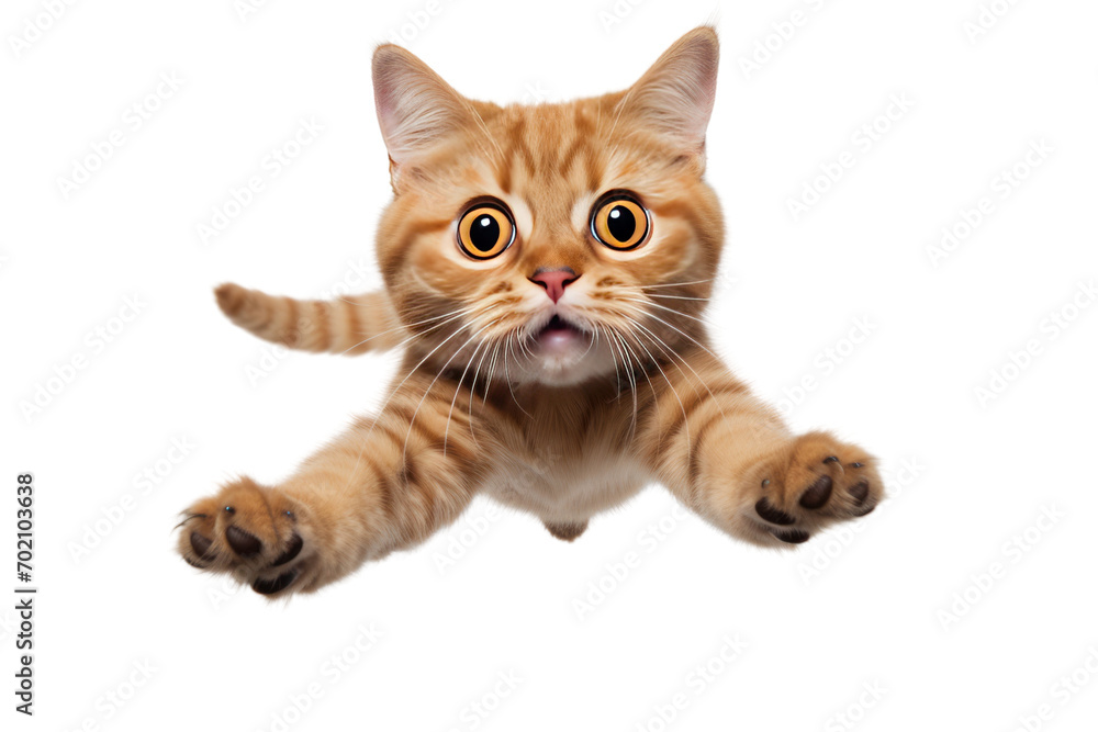 Funny flying cat jumps in the air looking at the camera. isolated on ...