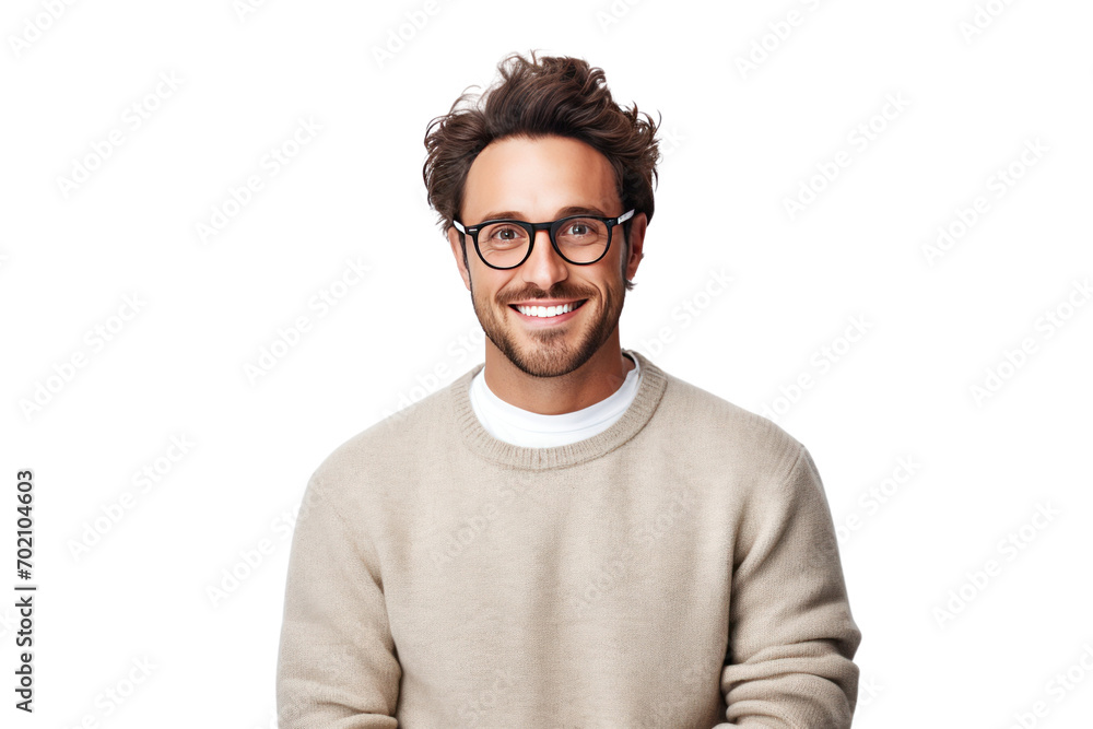 Handsome young man without beard wearing a casual sweater and glasses ...
