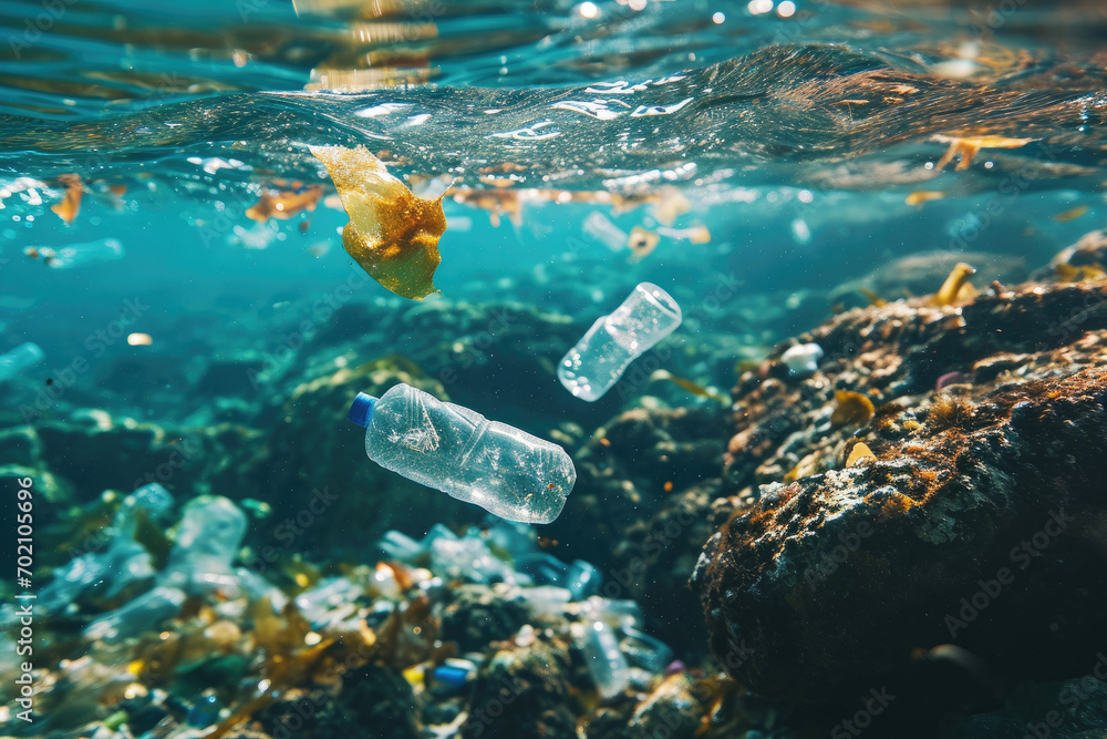 Plastic water bottles and bags floating in ocean landscape, spilled ...