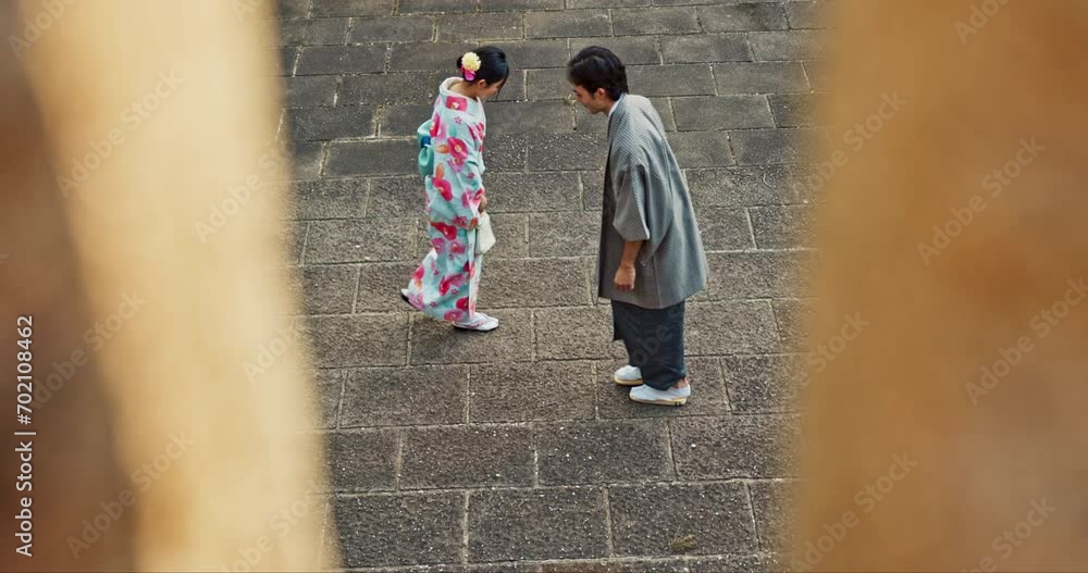Japanese people, bow and traditional clothes with hello, top view with ...