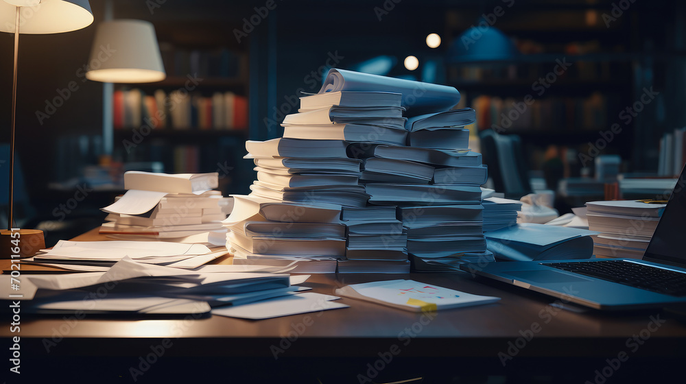 Desk in the Office is Littered with Folders and Files with Work. Night ...