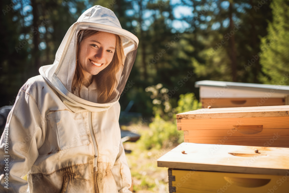 woman wearing full body protection against bees. Smiling. Behind is bee ...