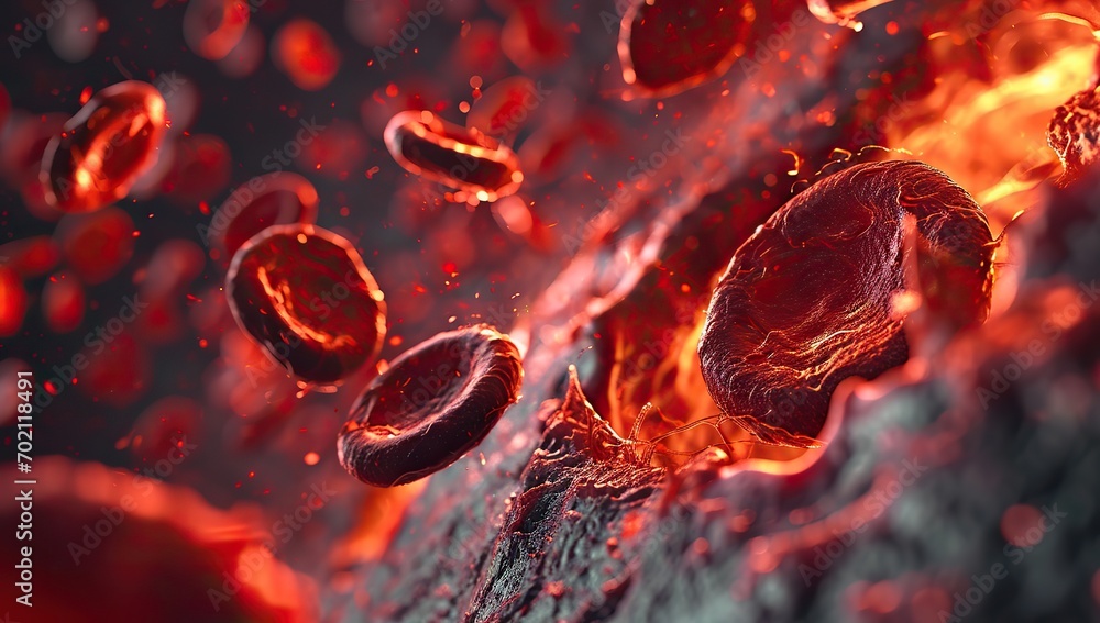 Red blood cells in blood flow with backlighting. The concept of blood ...
