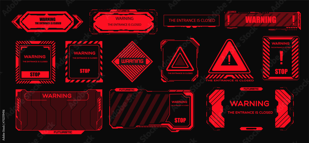 Red HUD warning, danger and alert attention frames. Collection of ...