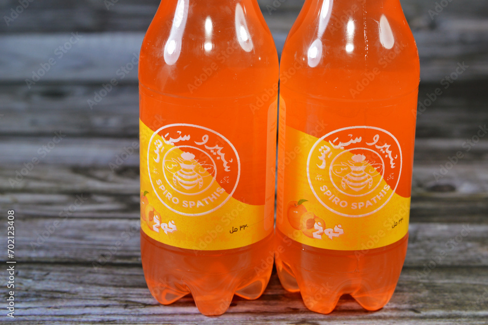 Cairo, Egypt, January 1 2024: Spiro Spathis peach soda drink, Spiro ...