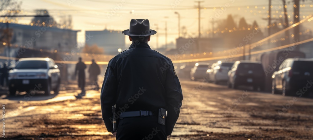 Back view police officer at crime scene. Generative AI technology ...