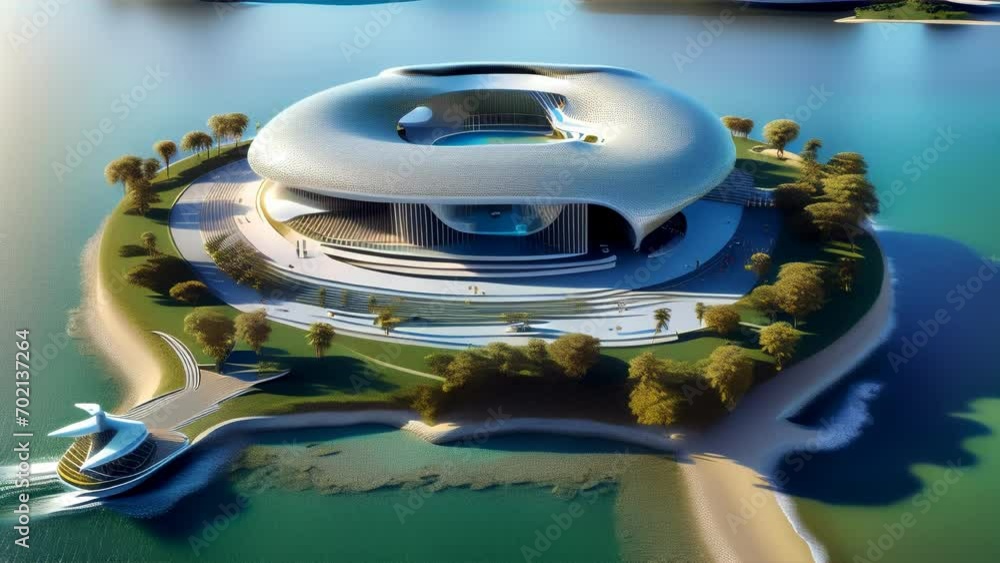 A futuristic island designed with a circular modern building at its ...