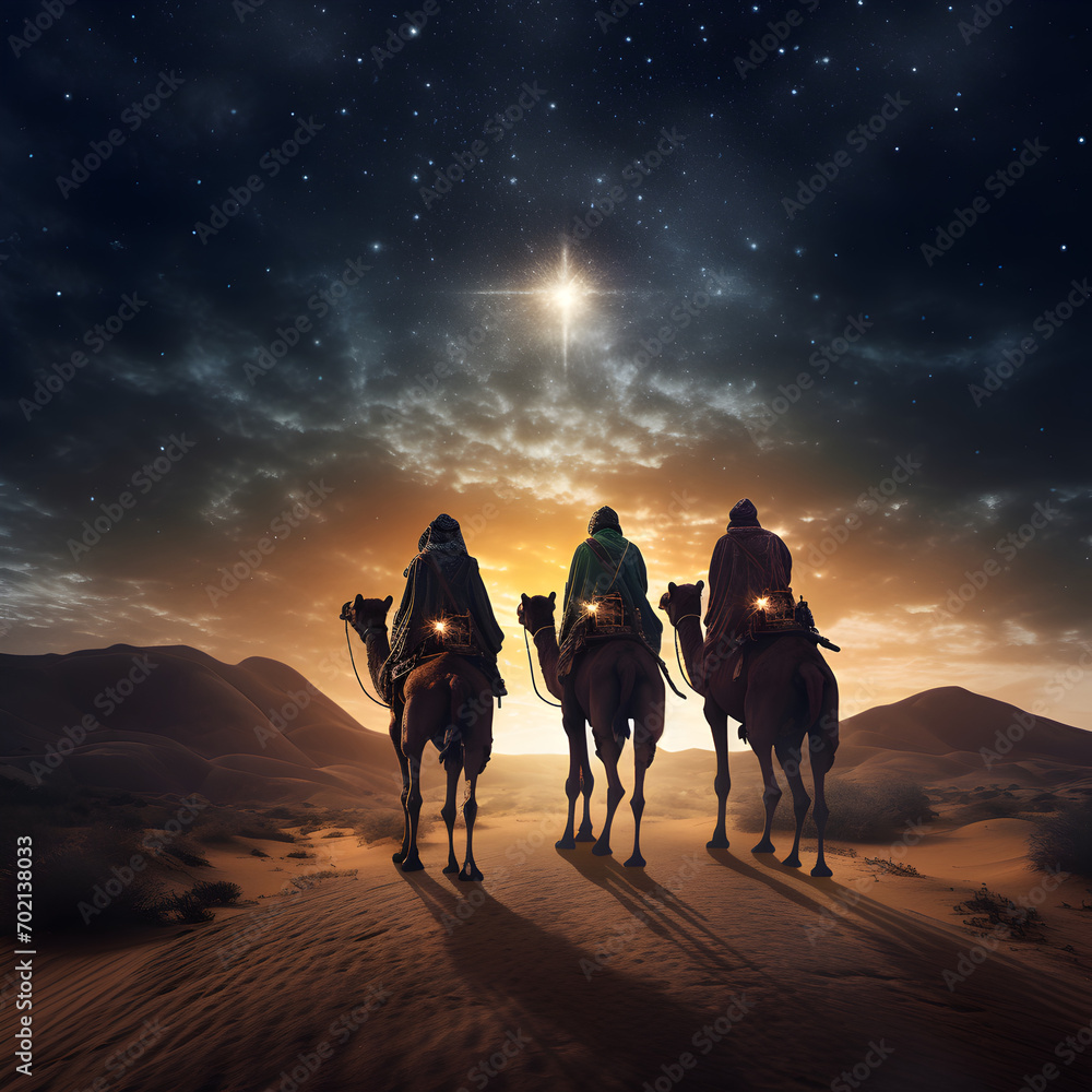 Behind view of the three wise men following the bright star in the sky ...