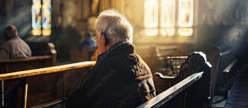 Gospel prayer or old woman in church for God holy spirit or catholic ...
