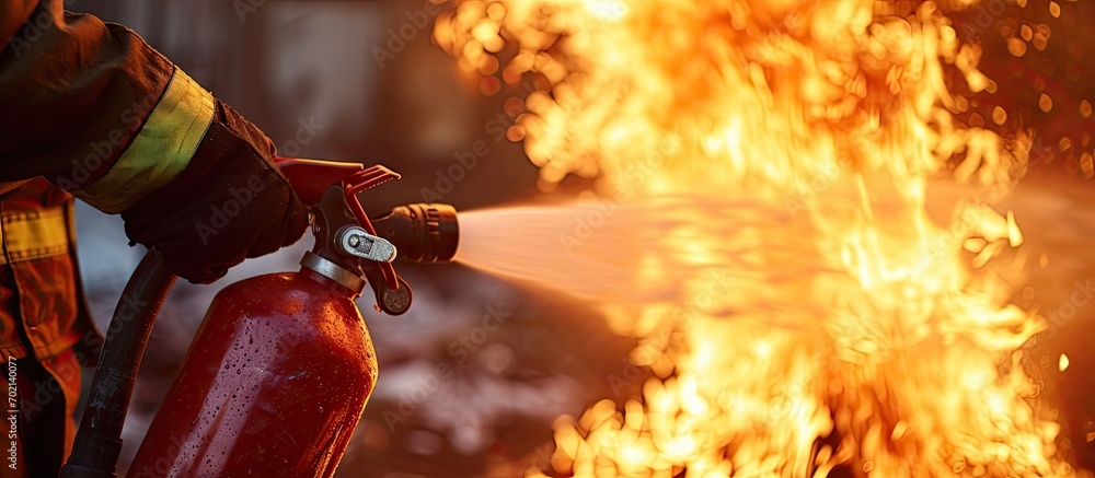 Fireman showing how to use a fire extinguisher. with copy space image ...