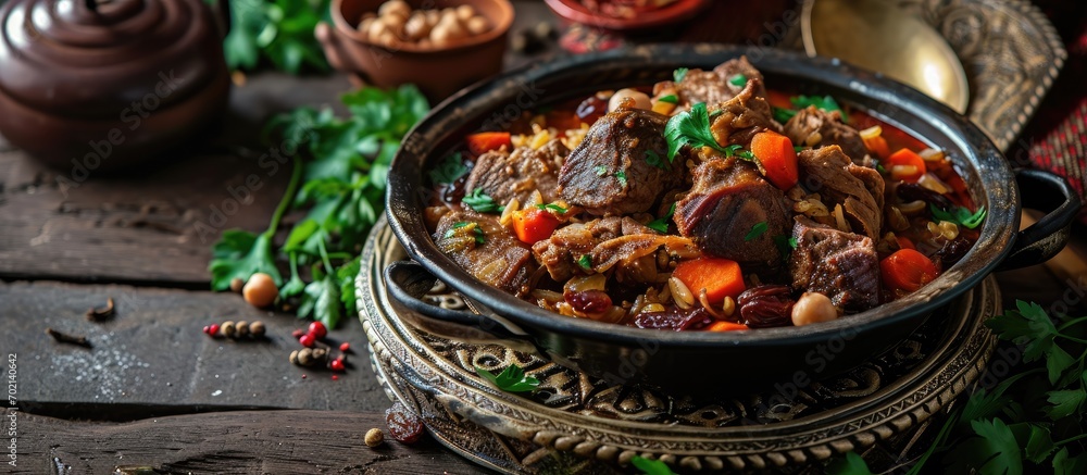 Festive pilaf Mutton rice carrots vegetable oil raisins chickpeas onion ...