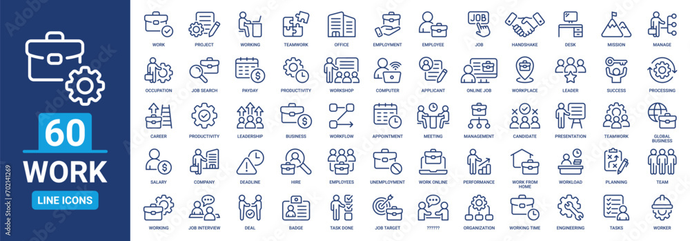 Work icon outline set. Containing job, working, employee, project ...