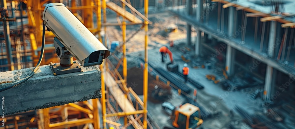 CCTV camera watching an excavator and workers working on a construction ...