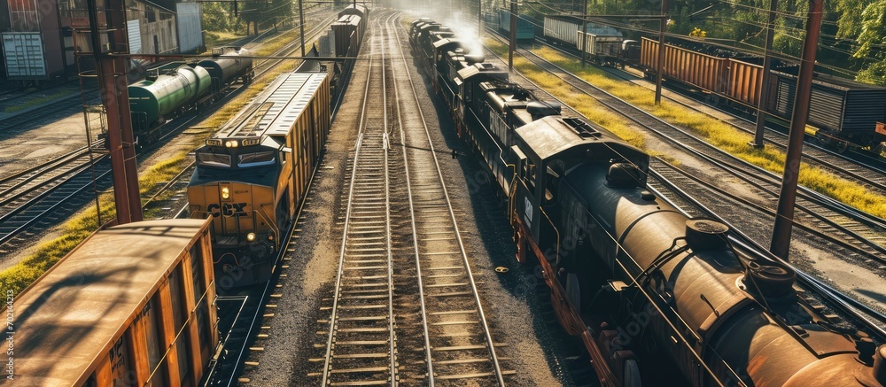 An Aerial View of a Steam Locomotive Moving Freight Cars Around in a ...