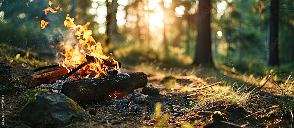 Closeup of burning brushwood campfire on forest ground on blurred ...