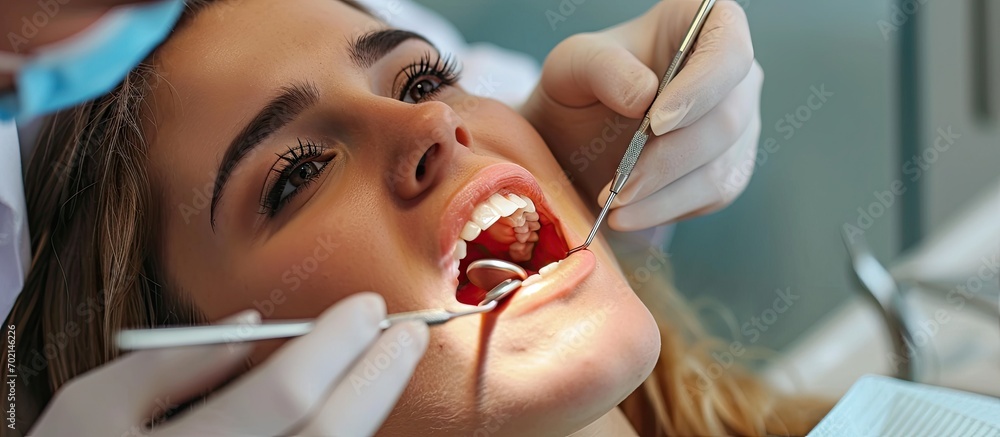 A dentist doctor treats caries on a tooth of a young beautiful woman in ...