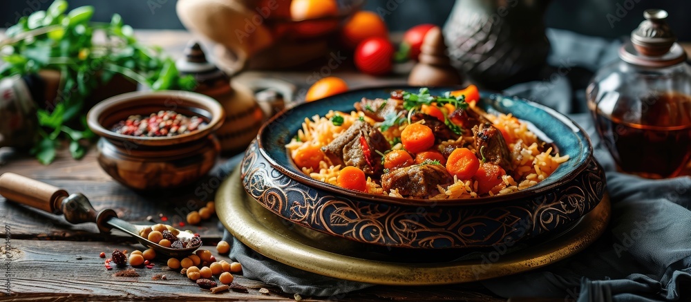 Festive pilaf Mutton rice carrots vegetable oil raisins chickpeas onion ...