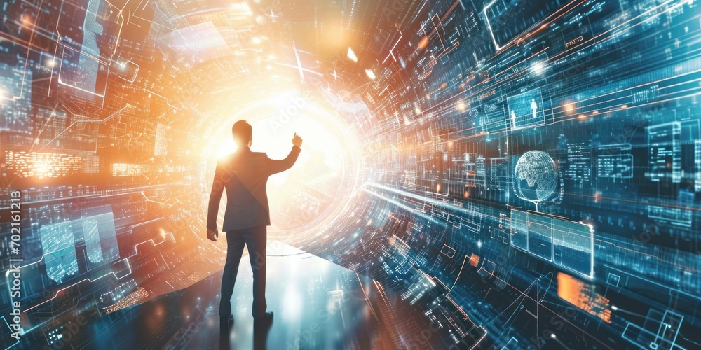 Businessman presenting futuristic business world metaverse graphic. In ...