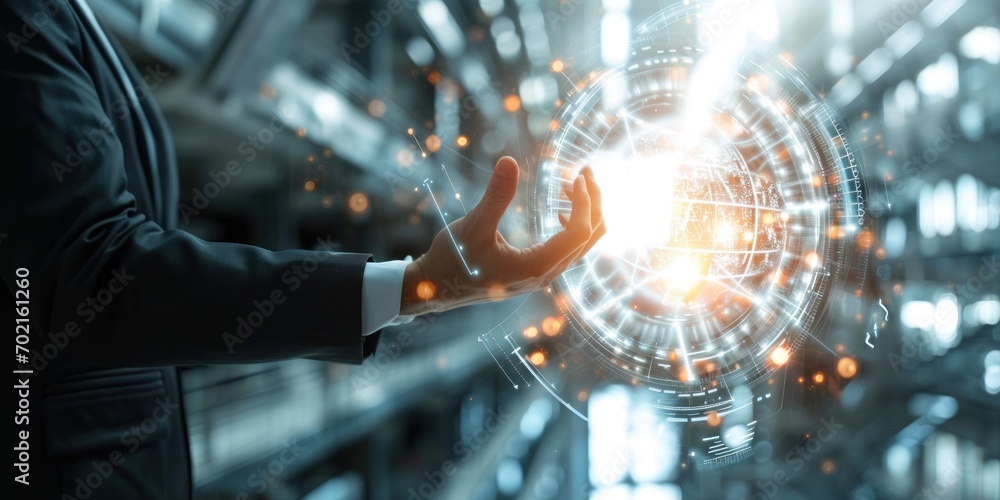 Businessman presenting futuristic business world metaverse graphic. In ...