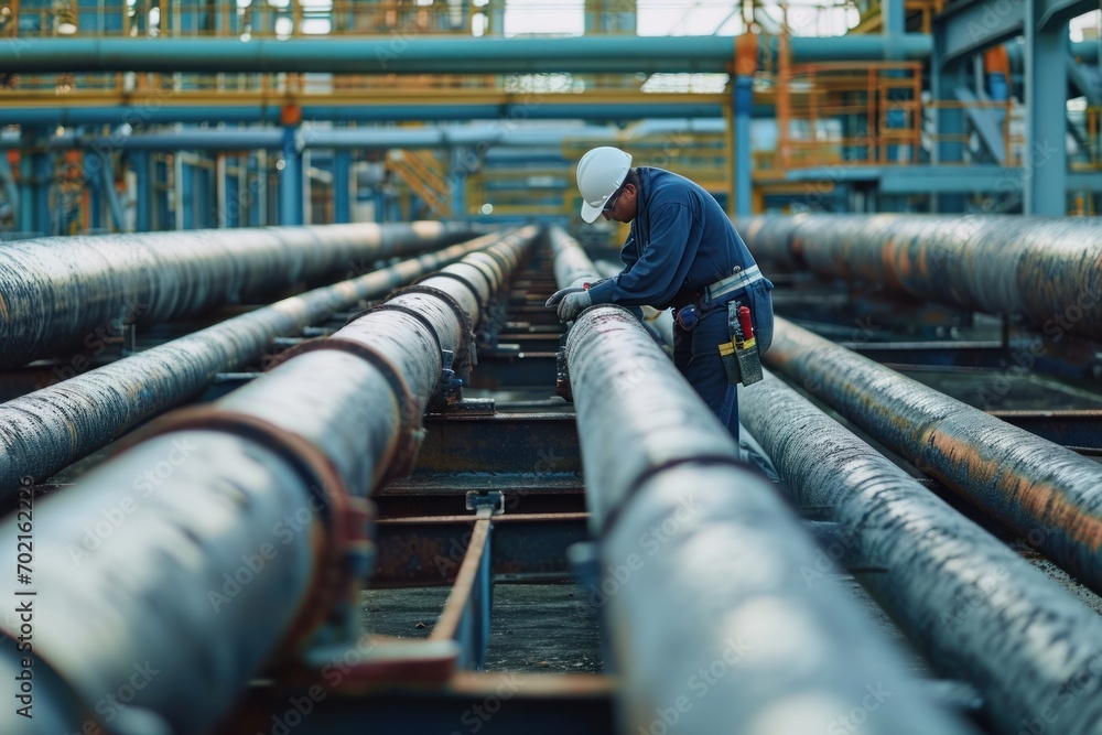 Male worker inspection at steel long pipes and pipe elbow in station ...