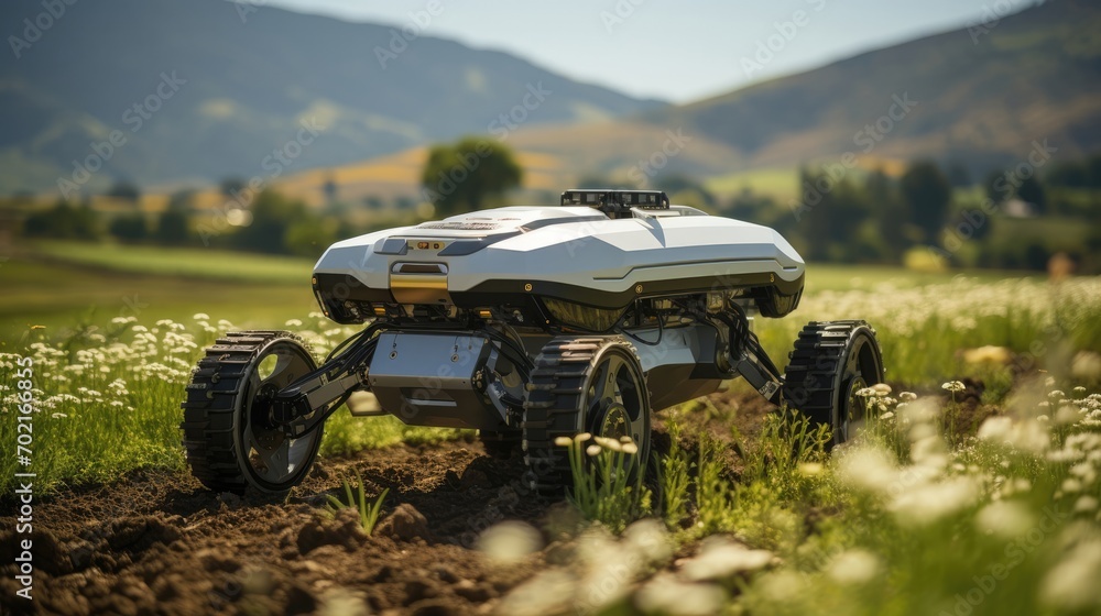 Autonomous farming robot tilling the soil in a scenic, sustainable ...