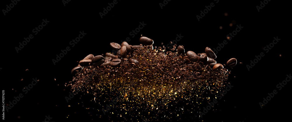 Coffee roasted bean ground fly explosion, Coffee crushed ground float ...