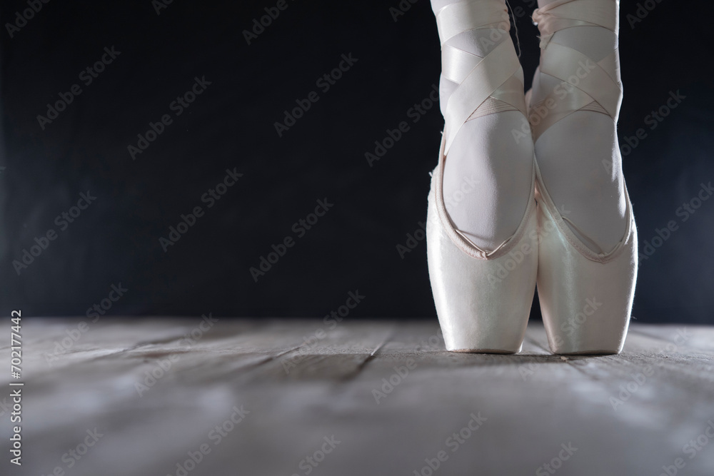 detail of female ballet dancer's feet in ballet position with pointe ...