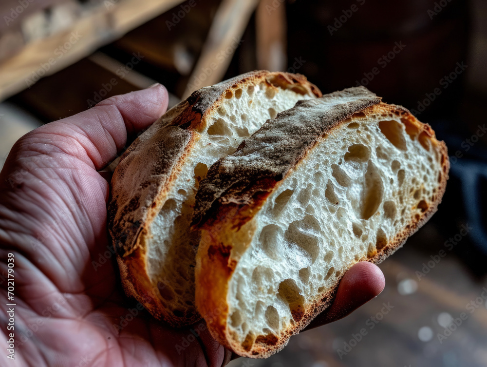 Hand holding a piece of crusty sourdough bread with airy crumb, in a ...