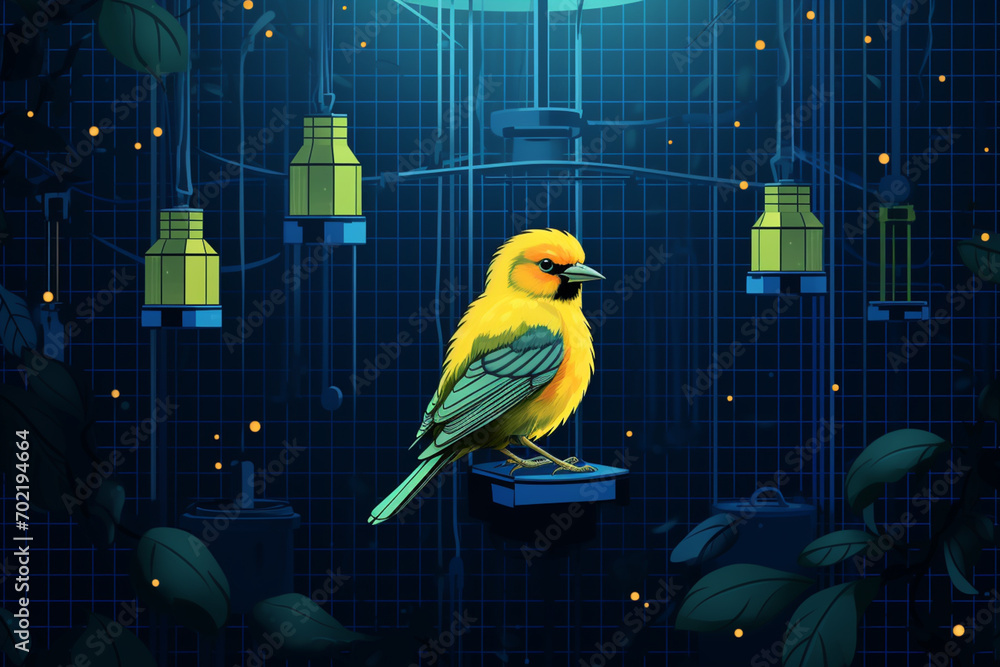 Melodic pixel art of a canary singing in a pixelated cage, creating a ...