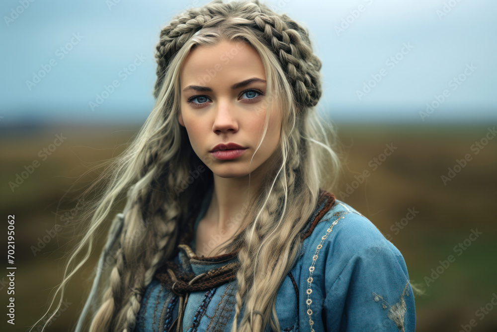 Viking female shieldmaiden, sporting elaborate braids wrapped around ...