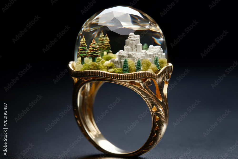 Artistic engagement ring featuring a delicate, hand-painted miniature ...