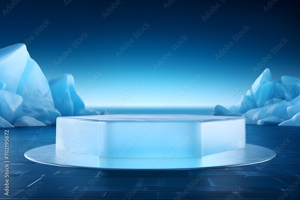 Ice-realistic podium of glass, product display background, 3D ...