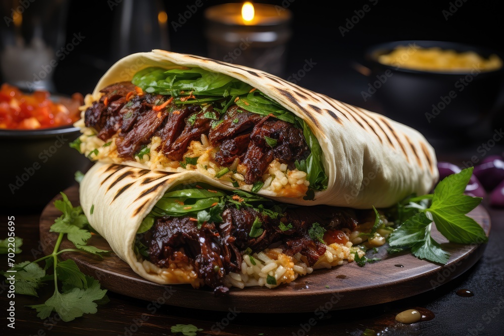 Shawarma In Pita Flat Bread On Black Wooden Table With Tahini And ...