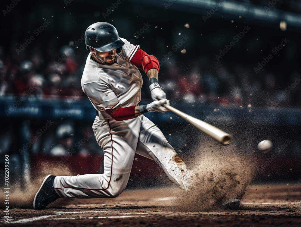 Baseball batter hitting ball during game on the professional stadium ...